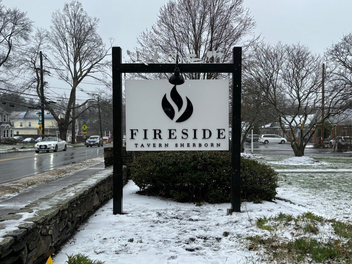 PVC Hanging Sign Panel Installation at Fireside Tavern - Signarama Walpole
